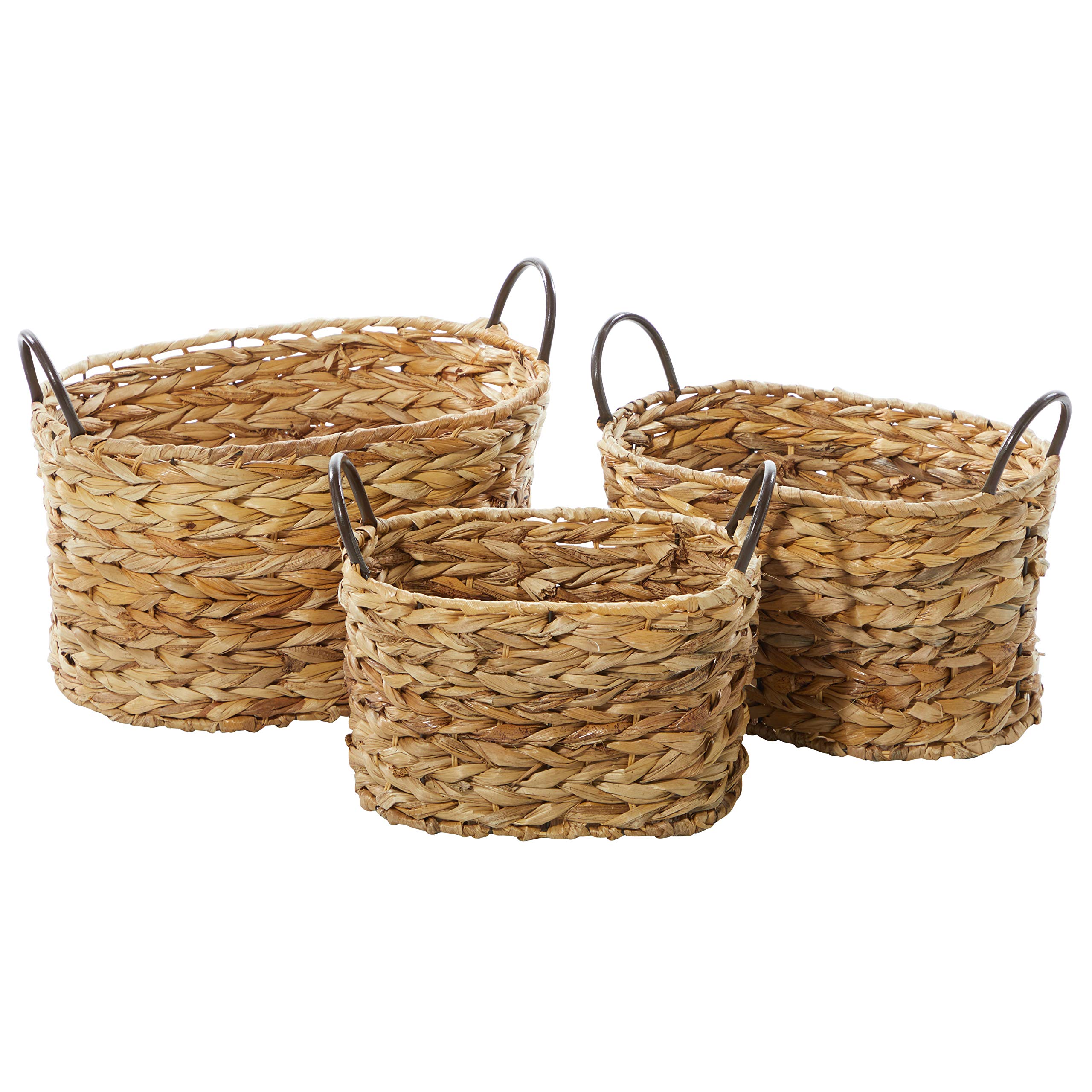 Deco 79 Metal Oval Storage Basket with Metal Handles, Set of 3 16", 13", 11"W, Brown