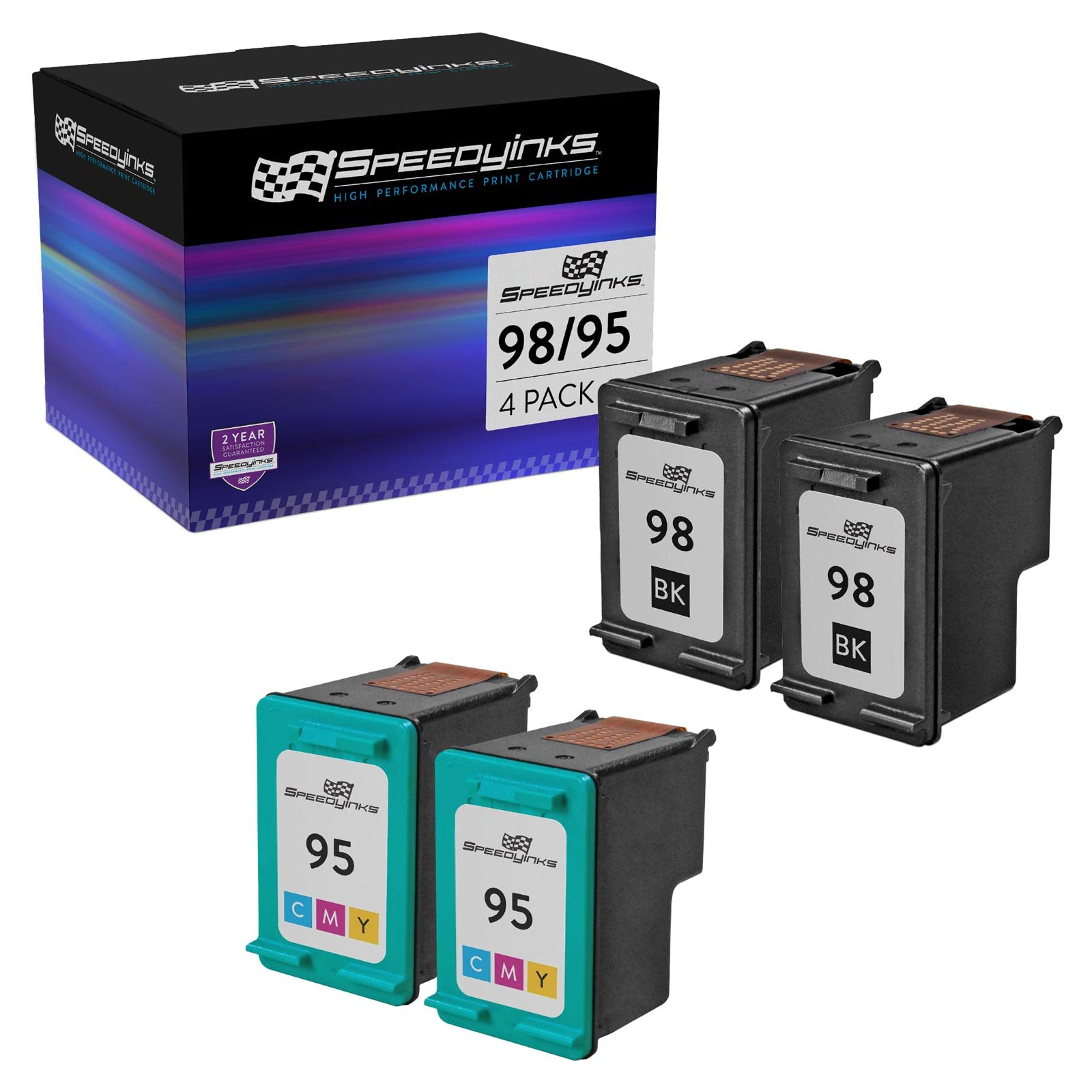 SPEEDYINKS Remanufactured Ink Cartridge Replacements for HP 98 and HP 95 to use for Officejet 150 100 6310, PhotoSmart 8050 C4180 C4150, Deskjet 460 5940 Printer (2 Black, 2 Color, 4-Pack)