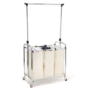 seville classics laundry hamper sorter cart mobile premium 3-bag with clothes rack, chrome