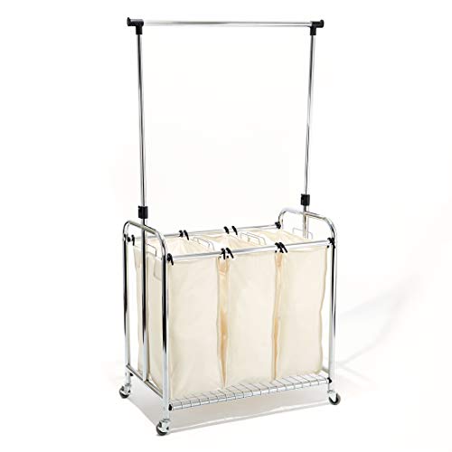 Seville Classics Laundry Hamper Sorter Cart Mobile Premium 3-Bag with Clothes Rack, Chrome