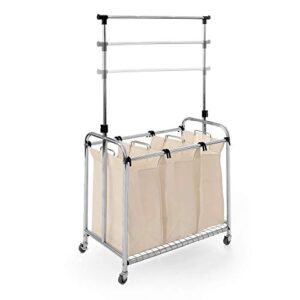 Seville Classics Laundry Hamper Sorter Cart Mobile Premium 3-Bag with Clothes Rack, Chrome