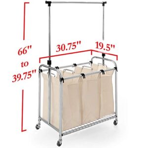 Seville Classics Laundry Hamper Sorter Cart Mobile Premium 3-Bag with Clothes Rack, Chrome