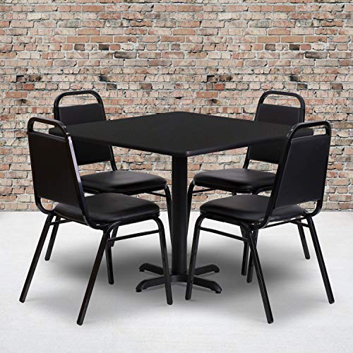 Flash Furniture Carlton 36'' Square Black Laminate Table Set with X-Base and 4 Black Trapezoidal Back Banquet Chairs