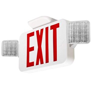 LFI Lights | Combo Red Exit Sign with Emergency Lights | White Housing | All LED | Two Adjustable Square Heads | Hardwired with Battery Backup | UL Listed | (1 Pack) | COMBO2-R