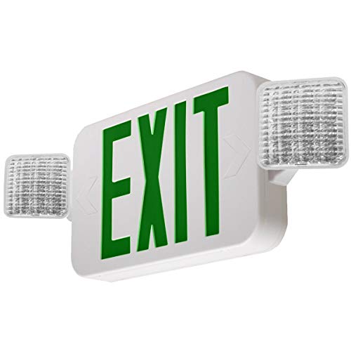 LFI Lights | Combo Green Exit Sign with Emergency Lights | White Housing | All LED | Two Adjustable Square Heads | Hardwired with Battery Backup | UL Listed | (1 Pack) | COMBO2-G