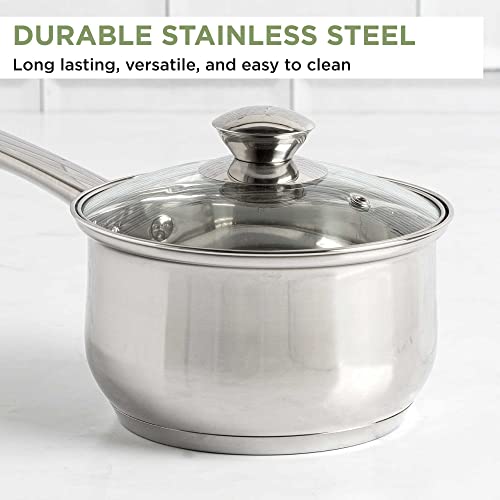 Ecolution Stainless Steel Sauce Pan with Encapsulated Bottom Matching Tempered Glass Steam Vented Lids, Made Without PFOA, Dishwasher Safe, 2-Quart, Silver