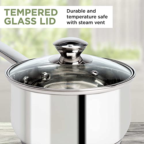 Ecolution Stainless Steel Sauce Pan with Encapsulated Bottom Matching Tempered Glass Steam Vented Lids, Made Without PFOA, Dishwasher Safe, 2-Quart, Silver