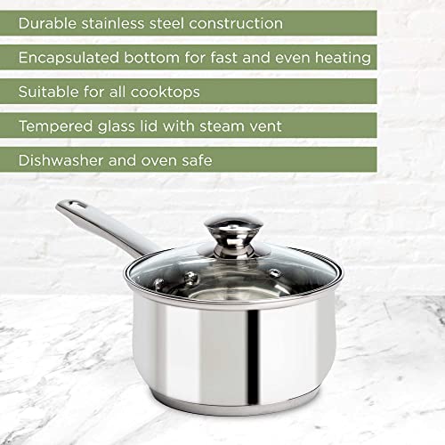 Ecolution Stainless Steel Sauce Pan with Encapsulated Bottom Matching Tempered Glass Steam Vented Lids, Made Without PFOA, Dishwasher Safe, 2-Quart, Silver