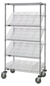 quantum storage systems wrcsl5-63-1836-104cl 5-tier slanted wire shelving suture cart w/ 20 qsb104 clear shelf bins, 2 horizontal & 3 slanted shelves, chrome finish, 69" h x 36" w x 18" l