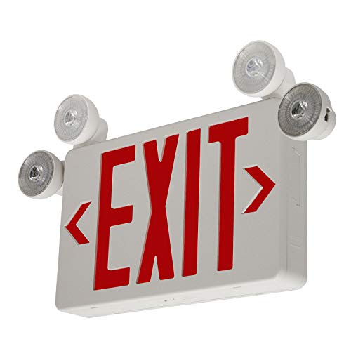 LFI Lights | Compact Combo Red Exit Sign with Emergency Lights | White Housing | All LED | Two Adjustable Round Heads | Hardwired with Battery Backup | UL Listed | (1 Pack) | COMBOC-R