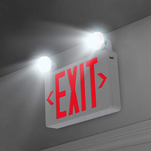 LFI Lights | Compact Combo Red Exit Sign with Emergency Lights | White Housing | All LED | Two Adjustable Round Heads | Hardwired with Battery Backup | UL Listed | (1 Pack) | COMBOC-R