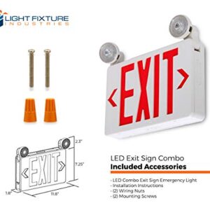 LFI Lights | Compact Combo Red Exit Sign with Emergency Lights | White Housing | All LED | Two Adjustable Round Heads | Hardwired with Battery Backup | UL Listed | (1 Pack) | COMBOC-R