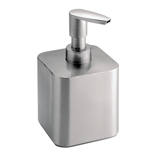 iDesign Gia Short Metal Soap Dispenser Pump for Body Moisturizer, Sanitizer or Aromatherapy Lotion in Bathroom, Kitchen, Bedroom, Vanity, 3.5" x 3.25" x 5.5" - Brushed Stainless Steel