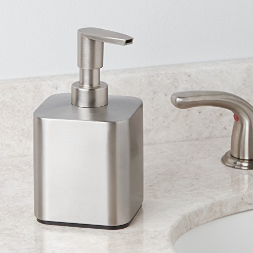 iDesign Gia Short Metal Soap Dispenser Pump for Body Moisturizer, Sanitizer or Aromatherapy Lotion in Bathroom, Kitchen, Bedroom, Vanity, 3.5" x 3.25" x 5.5" - Brushed Stainless Steel