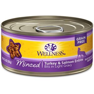 wellness complete health natural grain free wet canned cat food, minced turkey & salmon entree, 5.5-ounce can (pack of 24)