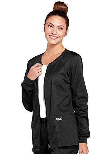 Cherokee Zip Front Scrub Jackets for Women, Workwear Core Stretch Soft Brushed Twill 4315, M, Black