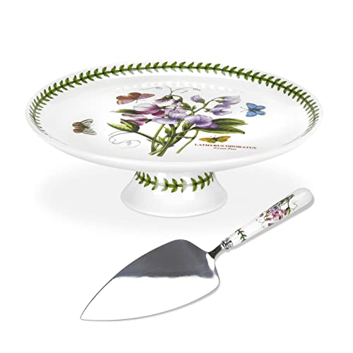 Portmeirion Botanic Garden Footed Cake Plate with Server | 10 Inch Cake Plate with Sweet Pea Motif | Made from Porcelain | Dishwasher and Microwave Safe