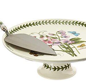 Portmeirion Botanic Garden Footed Cake Plate with Server | 10 Inch Cake Plate with Sweet Pea Motif | Made from Porcelain | Dishwasher and Microwave Safe