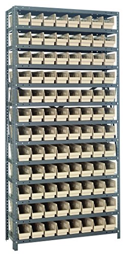 Quantum Storage Systems 1275-101IV Steel Shelving Unit with 4" Shelf Bins, 12" D x 36" W x 75" H, Ivory