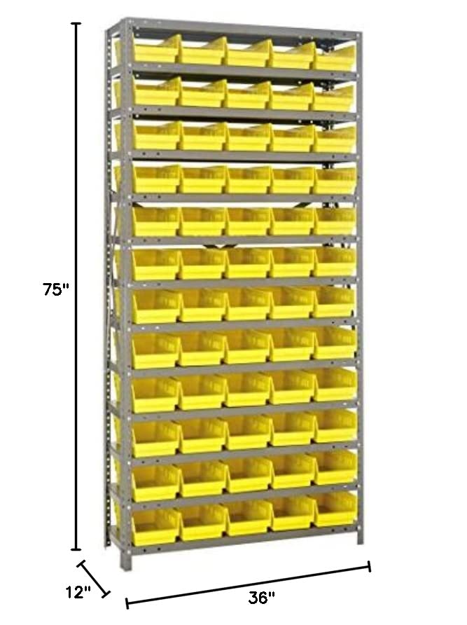 Quantum Storage Systems 1275-102YL Steel Shelving Unit with 4" Shelf Bins, 12" D x 36" W x 75" H, Yellow