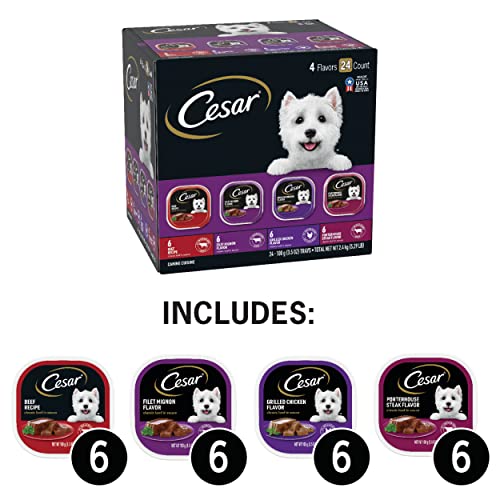 CESAR Wet Dog Food Classic Loaf in Sauce Beef Recipe, Filet Mignon, Grilled Chicken and Porterhouse Steak Variety Pack, (24) 3.5 oz. Easy Peel Trays