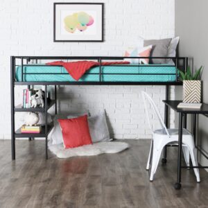 walker edison metal black twin low loft bunk floating bed kids bedroom storage guard rail ladder bedframe