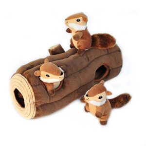 zippypaws burrow, woodland friends chipmunks 'n log - interactive dog toys for boredom - hide and seek dog toys, colorful squeaky dog toys for small & medium dogs, plush dog puzzles