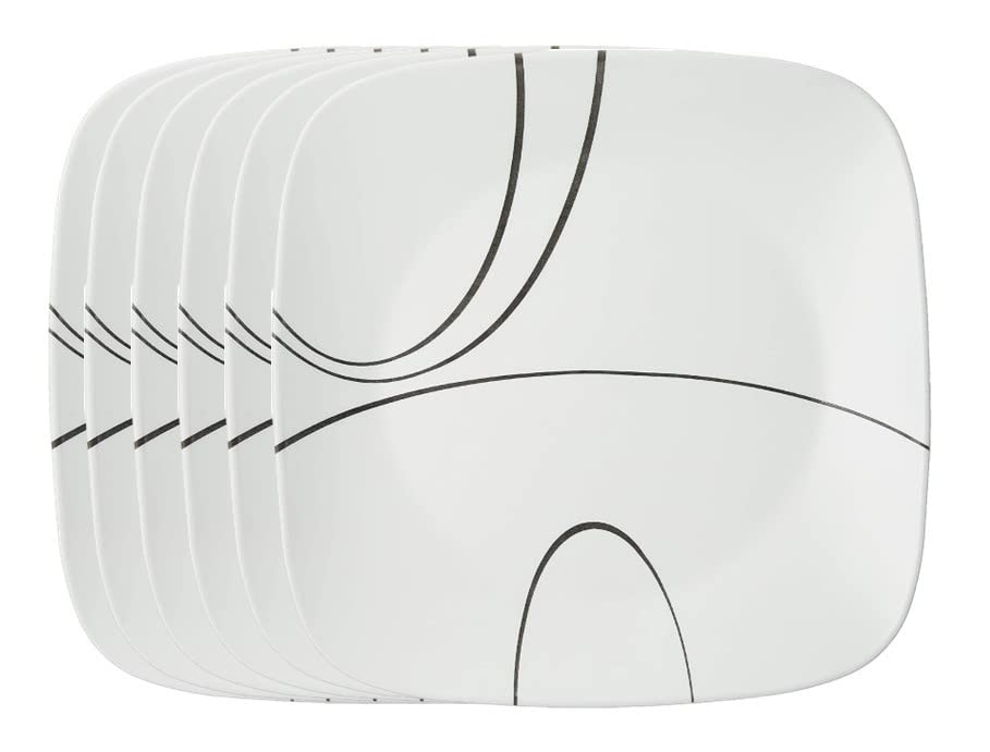 Corelle Vitrelle 6-Piece Dinner Plates Set, Triple Layer Glass and Chip Resistant, Lightweight Square 10-1/2-Inch Plates, Simple Lines