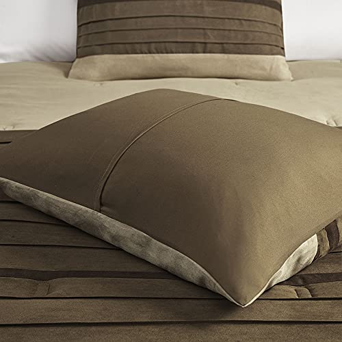 Madison Park Palmer Comforter Set-Luxury Faux Suede Design, Striped Accent, All Season Down Alternative Bedding, Matching Shams, Decorative Pillow, Bed Skirt, Queen (90 in x 90 in), Natural 7 Piece