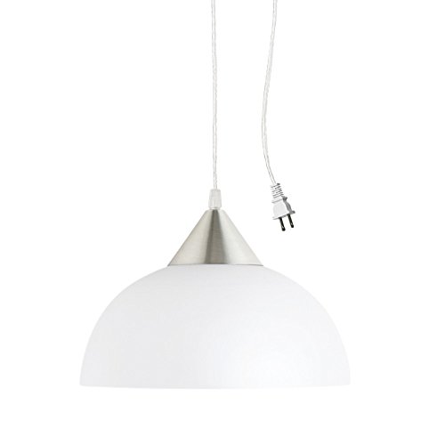 Globe Electric 64413 1-Light Plug-in Pendant, Brushed Steel, Frosted White Shade, 15ft Clear Cord, in-Line On/Off Switch, E26 Base Socket, Kitchen Island, Café, Hanging Light, Home Improvement