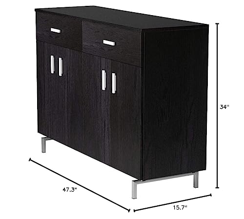 HOMES: Inside + Out Brysin Modern 48 in. Buffet Server, Sideboard with Removable Wine Holder, 2 Drawers On Metal Glides and Two Doors Bottom Cabinet for Kitchen, Dining Room, Large, Black