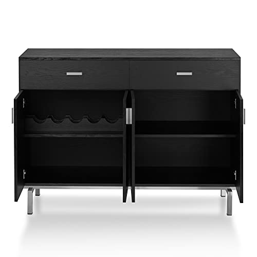 HOMES: Inside + Out Brysin Modern 48 in. Buffet Server, Sideboard with Removable Wine Holder, 2 Drawers On Metal Glides and Two Doors Bottom Cabinet for Kitchen, Dining Room, Large, Black