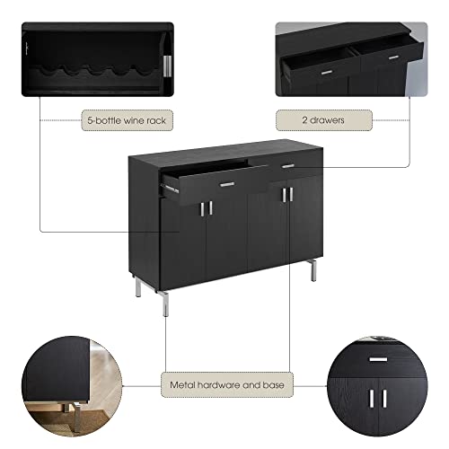 HOMES: Inside + Out Brysin Modern 48 in. Buffet Server, Sideboard with Removable Wine Holder, 2 Drawers On Metal Glides and Two Doors Bottom Cabinet for Kitchen, Dining Room, Large, Black