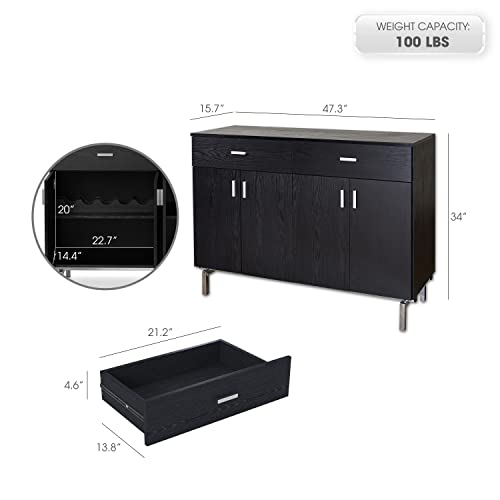 HOMES: Inside + Out Brysin Modern 48 in. Buffet Server, Sideboard with Removable Wine Holder, 2 Drawers On Metal Glides and Two Doors Bottom Cabinet for Kitchen, Dining Room, Large, Black