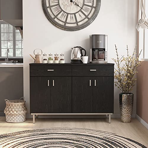 HOMES: Inside + Out Brysin Modern 48 in. Buffet Server, Sideboard with Removable Wine Holder, 2 Drawers On Metal Glides and Two Doors Bottom Cabinet for Kitchen, Dining Room, Large, Black