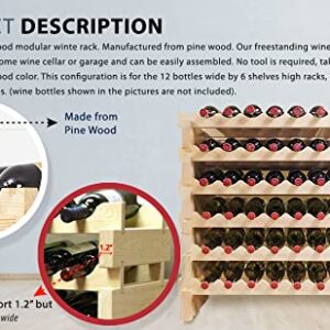 Stackable Modular Wine Rack Wine Storage Rack Holder Display Shelves for Wine Cellar or Basement , Freestanding Wine Rack Thick Wood Wobble-Free (Unfinished, 12 X 6 Rows (72 Slots))