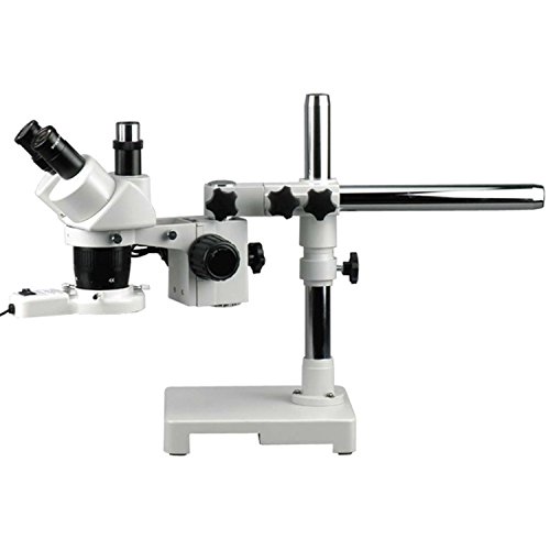 AmScope SW-3T24Y-FRL Trinocular Stereo Microscope, WH10x Eyepieces, 20X/30X/40X/60X Magnification, 2X/4X Objective, Single-Arm Boom Stand, 8W Fluorescent Ring Light, 110V-120V, Includes 1.5x Barlow Lens