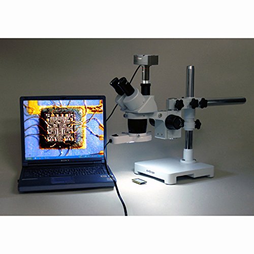 AmScope SW-3T24Y-FRL Trinocular Stereo Microscope, WH10x Eyepieces, 20X/30X/40X/60X Magnification, 2X/4X Objective, Single-Arm Boom Stand, 8W Fluorescent Ring Light, 110V-120V, Includes 1.5x Barlow Lens