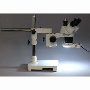 AmScope SW-3T24Y-FRL Trinocular Stereo Microscope, WH10x Eyepieces, 20X/30X/40X/60X Magnification, 2X/4X Objective, Single-Arm Boom Stand, 8W Fluorescent Ring Light, 110V-120V, Includes 1.5x Barlow Lens