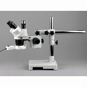 AmScope SW-3T24Y-FRL Trinocular Stereo Microscope, WH10x Eyepieces, 20X/30X/40X/60X Magnification, 2X/4X Objective, Single-Arm Boom Stand, 8W Fluorescent Ring Light, 110V-120V, Includes 1.5x Barlow Lens