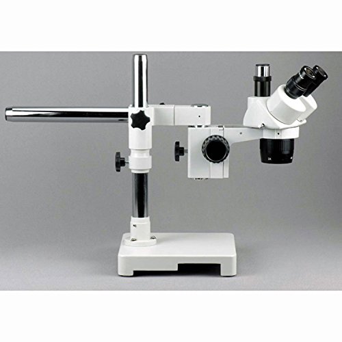 AmScope SW-3T24Y-FRL Trinocular Stereo Microscope, WH10x Eyepieces, 20X/30X/40X/60X Magnification, 2X/4X Objective, Single-Arm Boom Stand, 8W Fluorescent Ring Light, 110V-120V, Includes 1.5x Barlow Lens