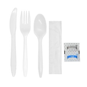 daxwell plastic cutlery kits, medium weight polypropylene (pp), with fork, knife, teaspoon, salt, pepper, napkin, white, b10001837 (case of 250), 1-(pack)