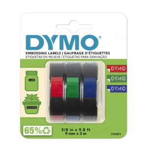 dymo self-adhesive embossing labels, 3/8-inch x 9.8-foot roll, assorted colors, 3 pack