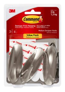 command designer hooks, medium, brushed nickel, 3-hooks (17081bn-3es), great for dorm decor