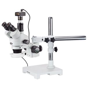 amscope sm-3t-54s-5m digital professional trinocular stereo zoom microscope, wh10x eyepieces, 7x-45x magnification, 0.7x-4.5x zoom objective, 54-bulb led light, single-arm boom stand, 110v-240v, includes 5mp camera with reduction lens and software