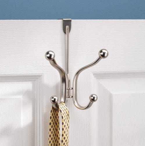 iDesign Axis Metal Over the Door Quad Hook Hanger for Coats, Jackets, Hats, Robes, Towels, Ideal for Bathroom, Bedroom, Mudroom, Satin Silver