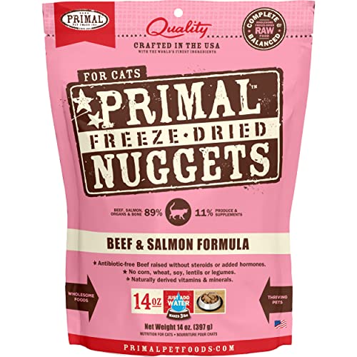 Primal Freeze Dried Cat Food Nuggets Beef & Salmon, Complete & Balanced Scoop & Serve Healthy Grain Free Raw Cat Food, Crafted in The USA (14 oz)