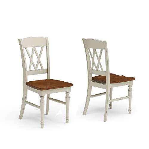 Home Styles Monarch Double X-back White and Oak Dining Chairs, with Solid Hardwood Construction, Turned Legs, and Distressed Oak Finish, Set of Two