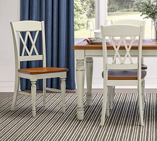 Home Styles Monarch Double X-back White and Oak Dining Chairs, with Solid Hardwood Construction, Turned Legs, and Distressed Oak Finish, Set of Two