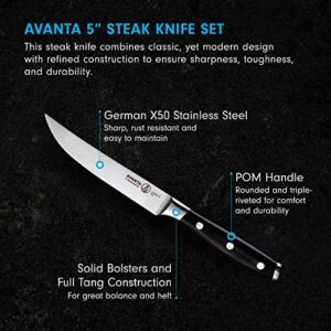 Messermeister Avanta 5” Fine Edge Steak Knife Set - German X50 Stainless Steel - Rust Resistant & Easy to Maintain - Includes 4 Steak Knives